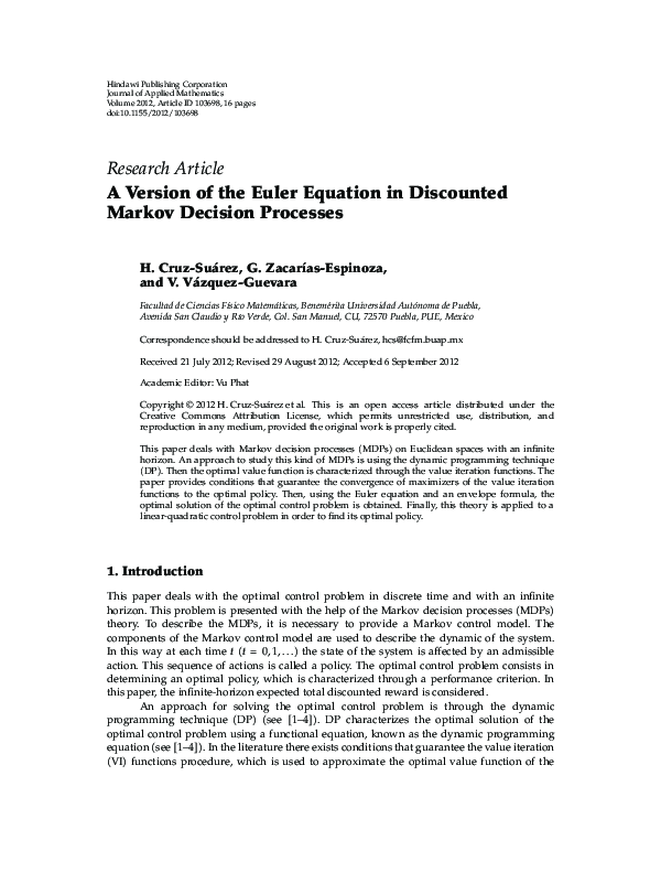 Pdf A Version Of The Euler Equation In Discounted Markov Decision Processes