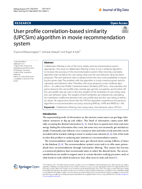 Pdf User Profile Correlation Based Similarity Upcsim Algorithm In Movie Recommendation System