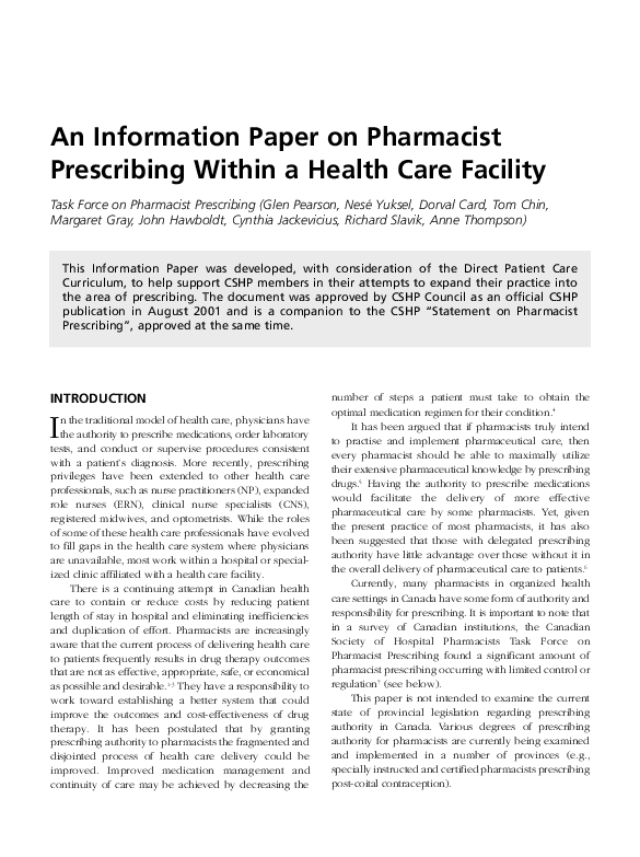 (PDF) An Information Paper on Pharmacist Prescribing Within a Health ...