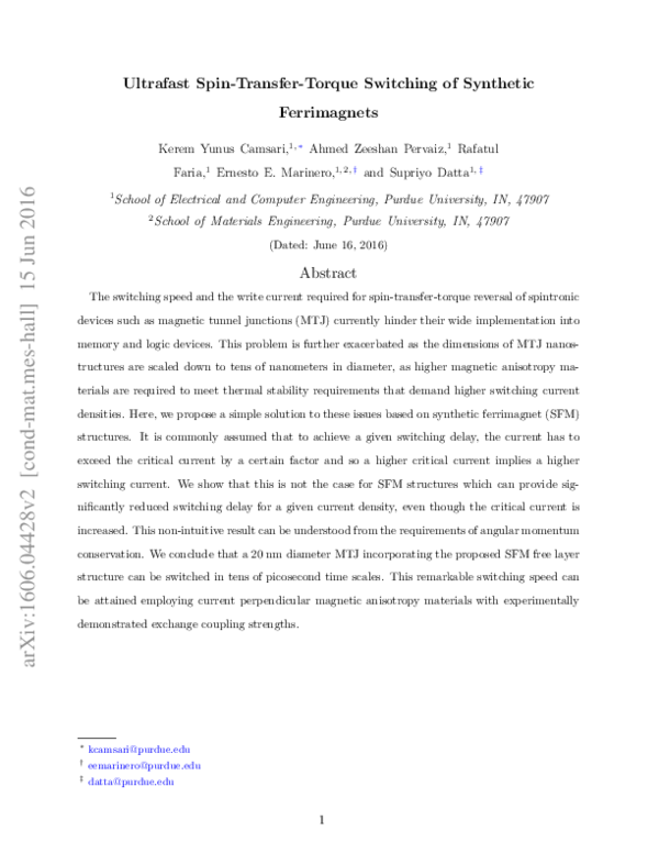 (PDF) Ultrafast Spin-Transfer-Torque Switching of Synthetic Ferrimagnets