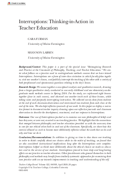 (PDF) Interruptions: Thinking-in-Action in Teacher Education