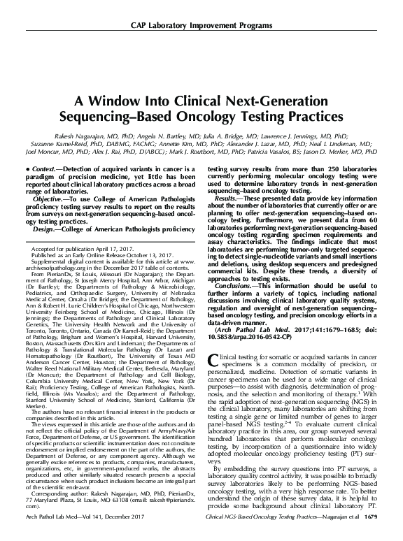Pdf A Window Into Clinical Next Generation Sequencing Based Oncology Testing Practices