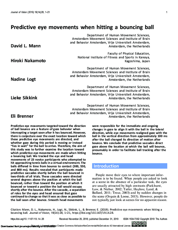 (PDF) Predictive eye movements when hitting a bouncing ball