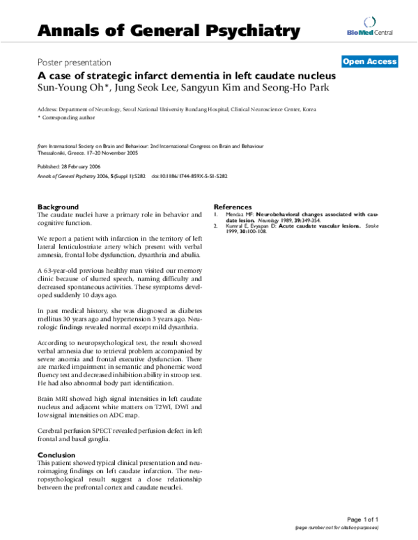 (PDF) A case of strategic infarct dementia in left caudate nucleus ...
