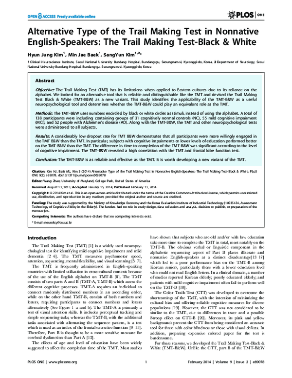 (PDF) Alternative Type of the Trail Making Test in Nonnative English ...