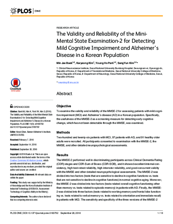 (PDF) The Validity and Reliability of the Mini-Mental State Examination-2 for Detecting Mild ...