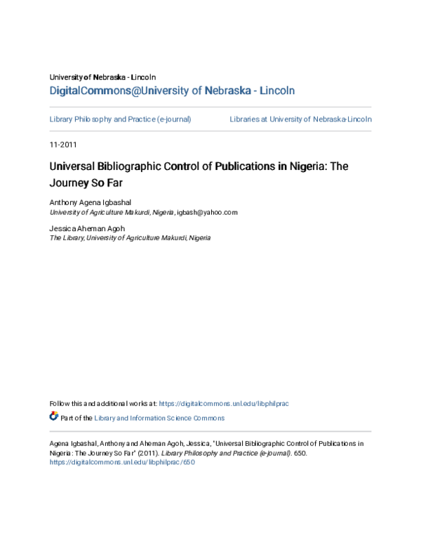 (PDF) Universal Bibliographic Control of Publications in Nigeria: The ...