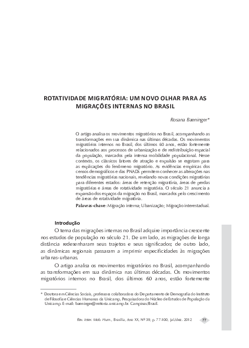 (PDF) Migratory turnover: a new look at internal migration in Brazil