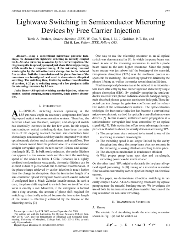 (PDF) Lightwave switching in semiconductor microring devices by free carrier injection