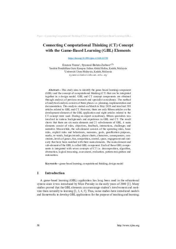 Pdf Connecting Computational Thinking Ct Concept With The Game Based Learning Gbl Elements