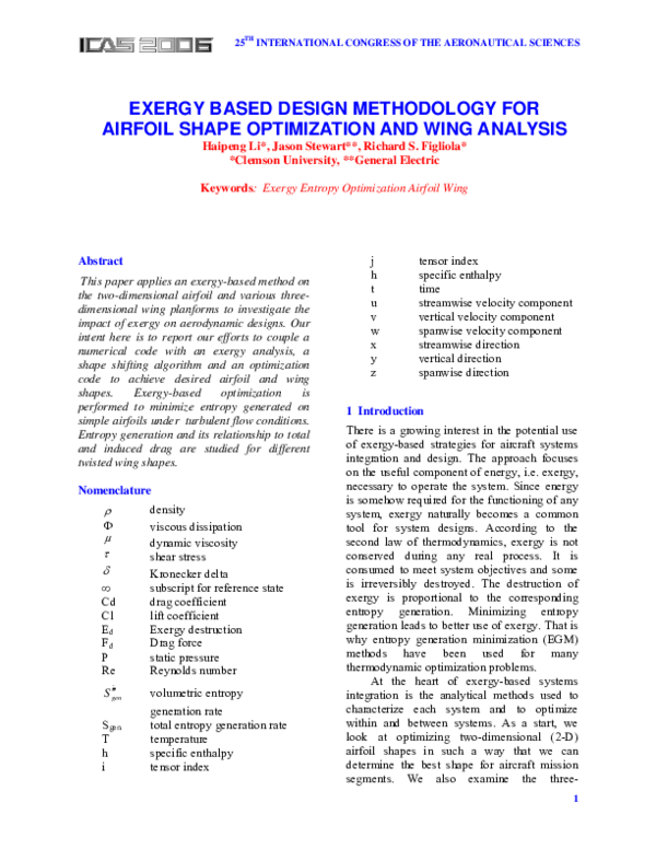 (PDF) Exergy Based Design Methodology for Airfoil Shape Optimization and Wing Analysis | Jose ...