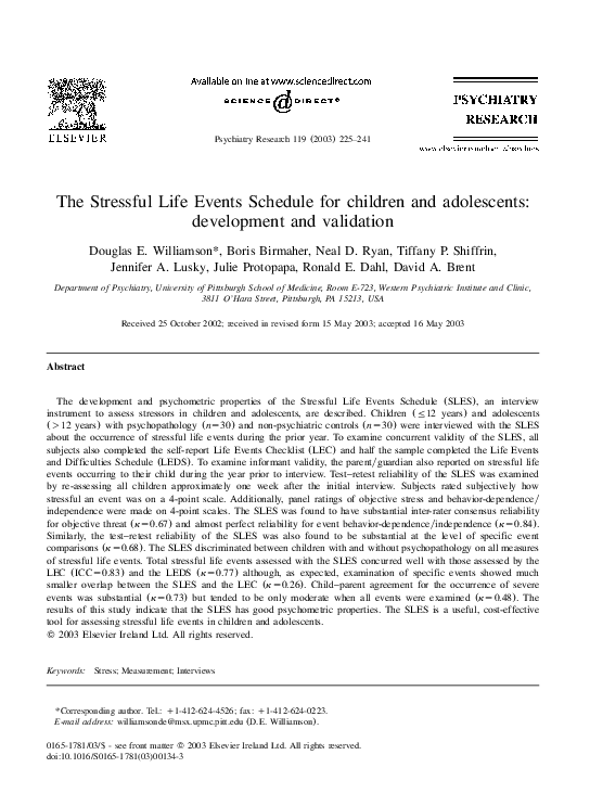 (PDF) The Stressful Life Events Schedule for children and adolescents ...