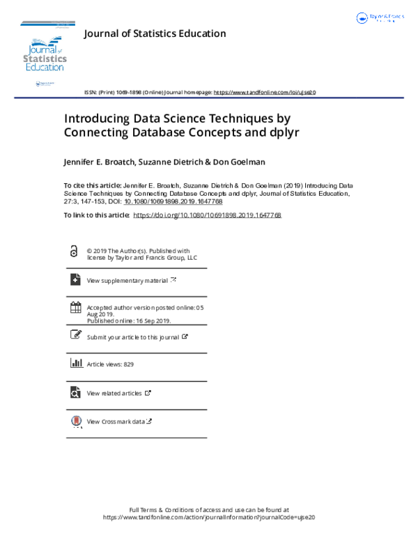 Pdf Introducing Data Science Techniques By Connecting Database Concepts And Dplyr 