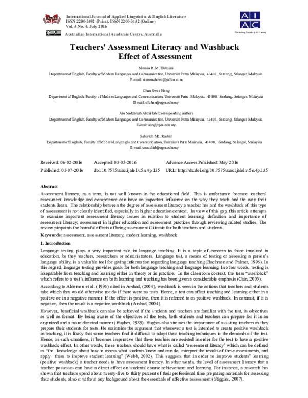 (PDF) Teachers' Assessment Literacy and Washback Effect of Assessment