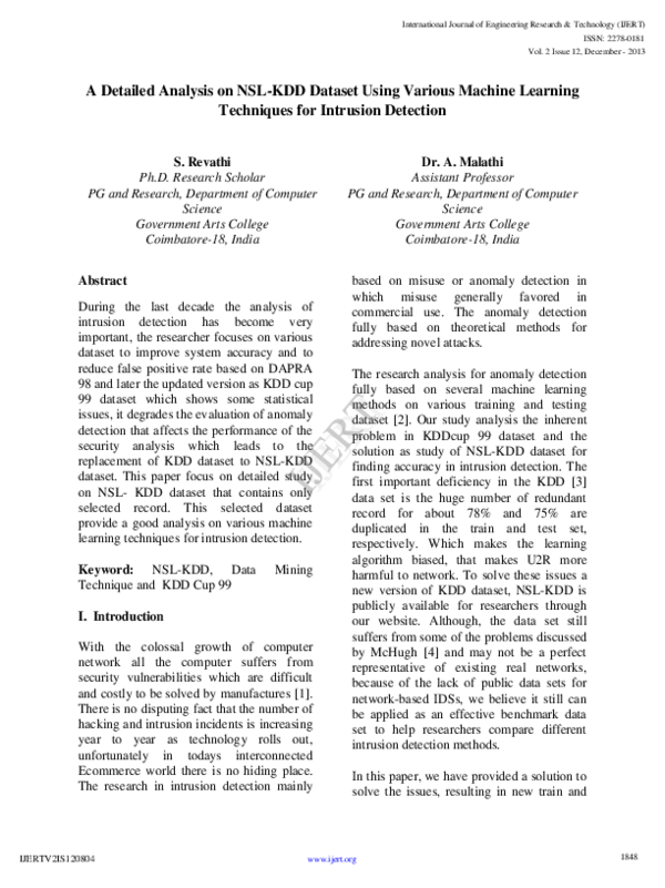 Pdf A Detailed Analysis On Nsl Kdd Dataset Using Various Machine