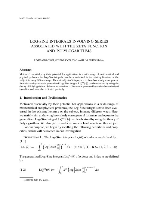 (PDF) Log-sine integrals involving series associated with the zeta function and polylogarithms