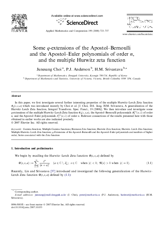 (PDF) Some q-extensions of the Apostol–Bernoulli and the Apostol–Euler polynomials of order n ...