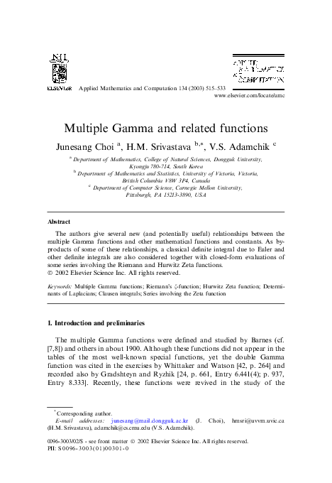 (PDF) Multiple Gamma and related functions