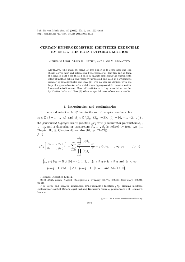 (PDF) Certain Hypergeometric Identities Deducible by Using the Beta ...