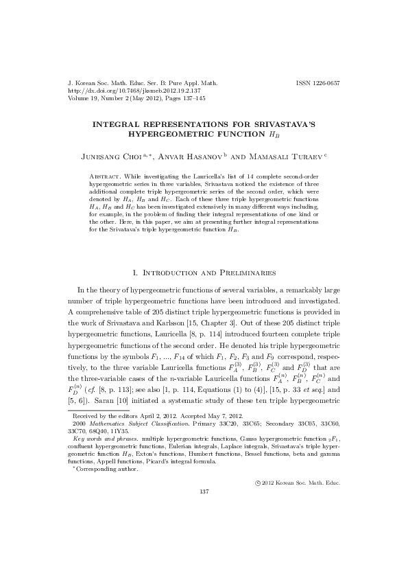 (PDF) Integral Representations for Srivastava's Triple Hypergeometric Functions