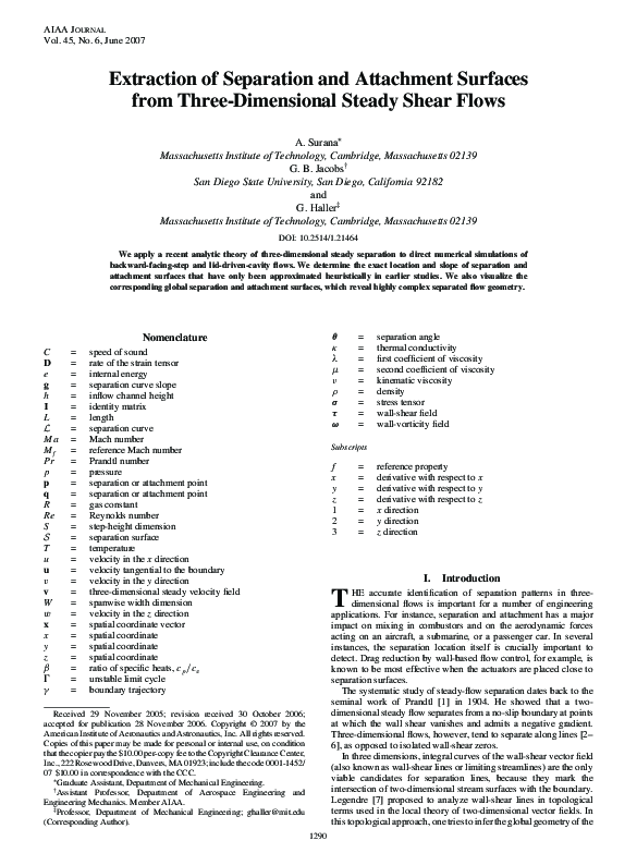 Pdf Extraction Of Separation And Attachment Surfaces From Three Dimensional Steady Shear Flows