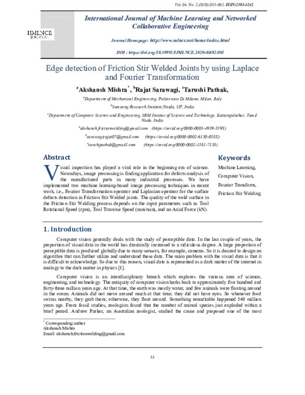 (PDF) Edge detection of Friction Stir Welded Joints by using Laplace ...