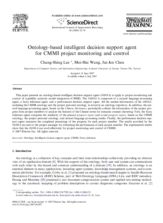 (PDF) Ontology-based intelligent decision support agent for CMMI project monitoring and control