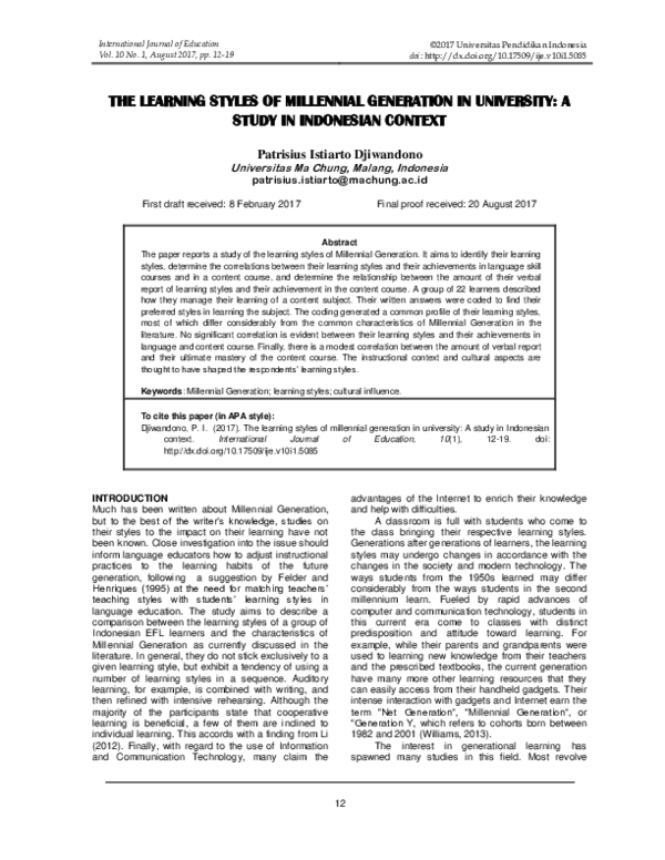 (PDF) The Learning Styles of Millennial Generation in University: A ...