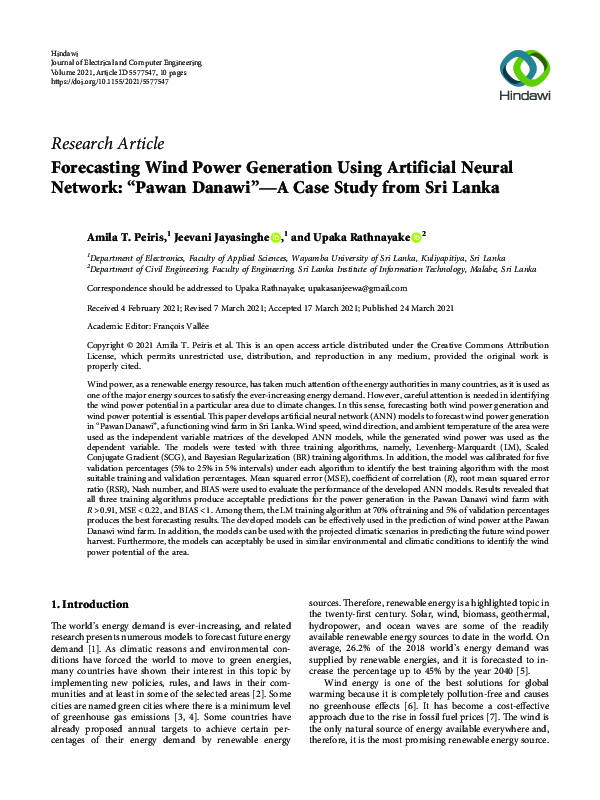 (PDF) Forecasting Wind Power Generation Using Artificial Neural Network: “Pawan Danawi”—A Case ...
