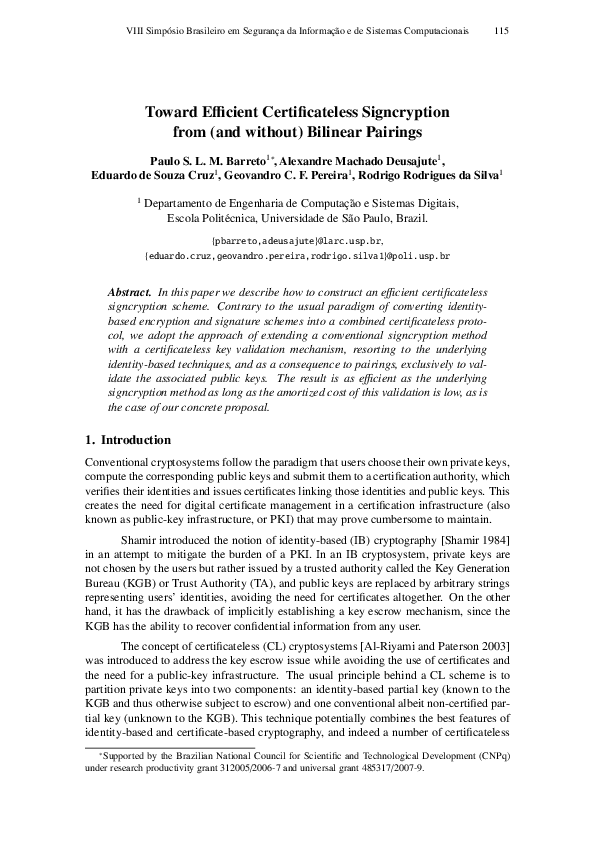 (PDF) Toward efficient certificateless signcryption from (and without) bilinear pairings