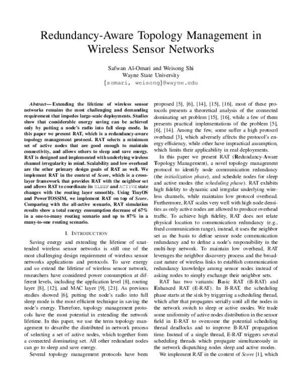 (PDF) Redundancy-aware topology management in wireless sensor networks