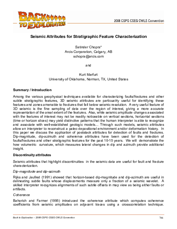 (PDF) Seismic attributes for stratigraphic feature characterization