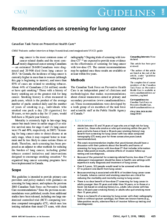 (PDF) Recommendations on screening for lung cancer