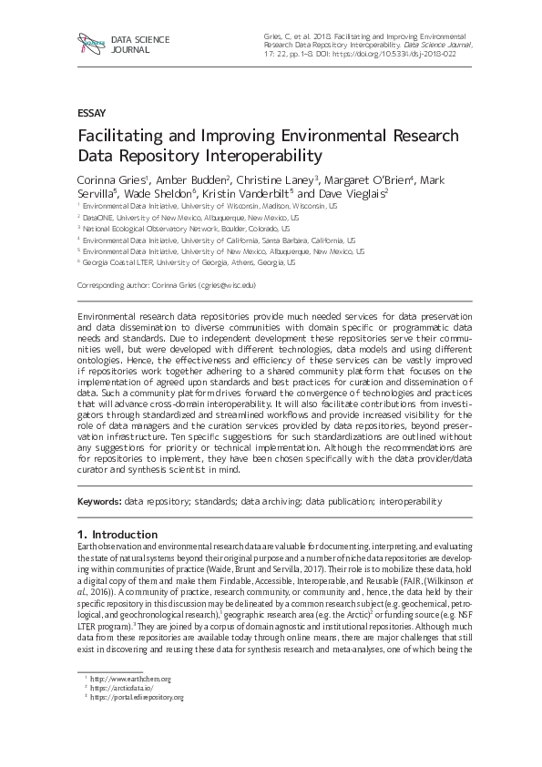 (PDF) Facilitating and Improving Environmental Research Data Repository Interoperability