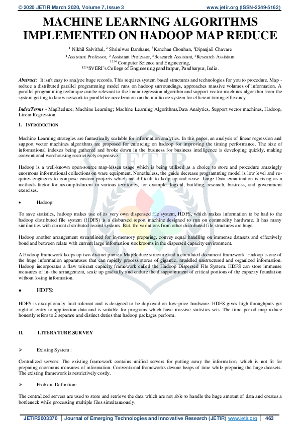 Pdf Machine Learning Algorithms Implemented On Hadoop Map Reduce