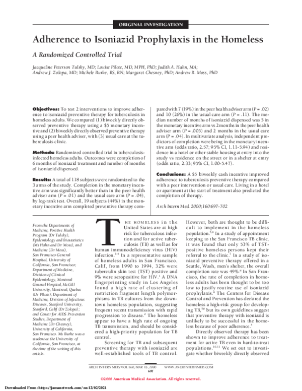 (PDF) Adherence to Isoniazid Prophylaxis in the Homeless