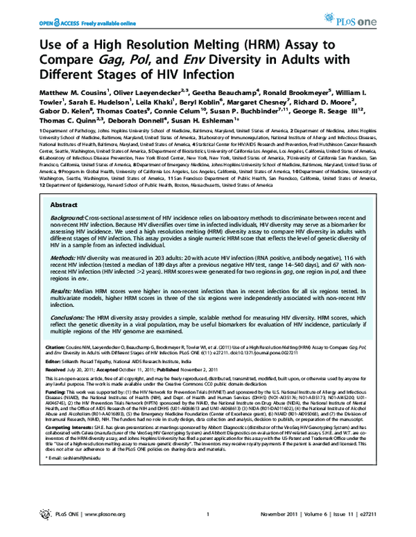 (PDF) Use of a High Resolution Melting (HRM) Assay to Compare Gag, Pol ...