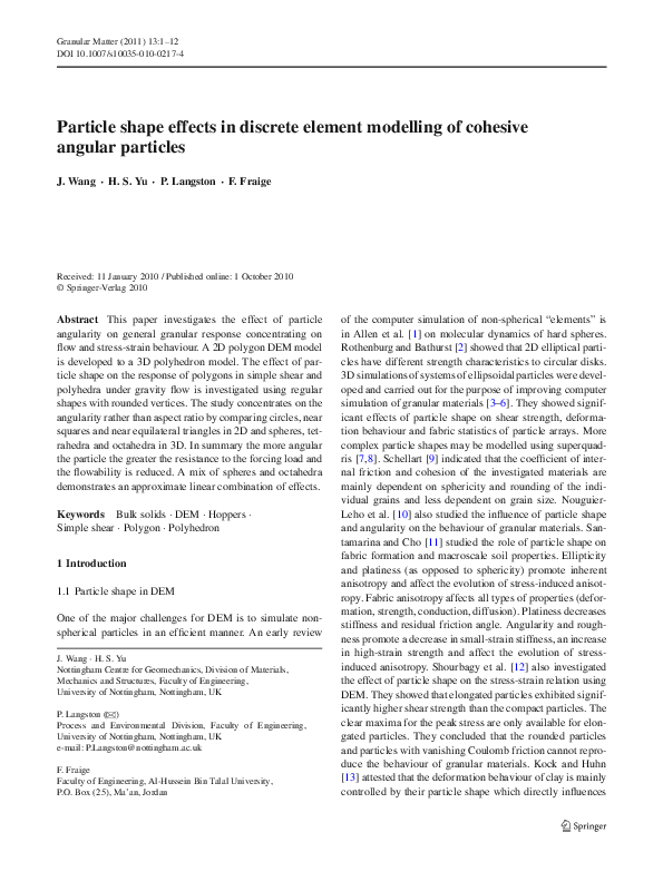 (PDF) Particle shape effects in discrete element modelling of cohesive ...