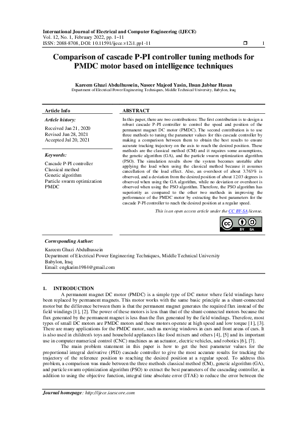 Pdf Comparison Of Cascade P Pi Controller Tuning Methods For Pmdc Motor Based On Intelligence