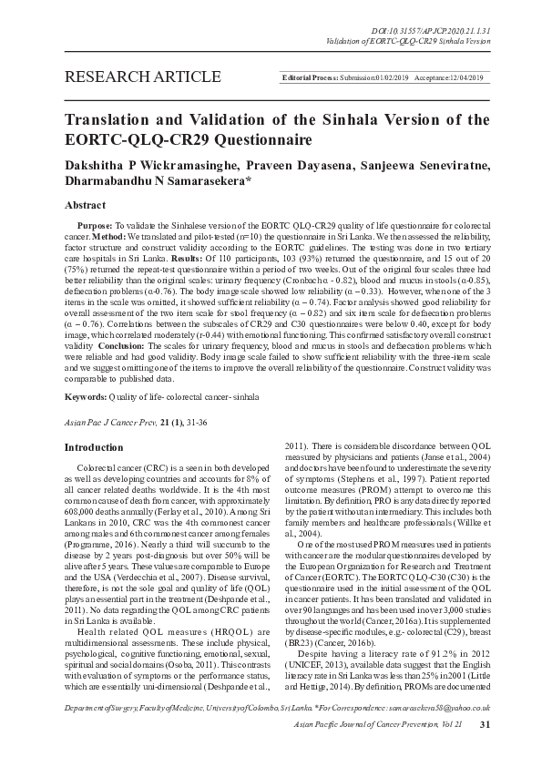 (PDF) Translation and Validation of the Sinhala Version of the EORTC ...