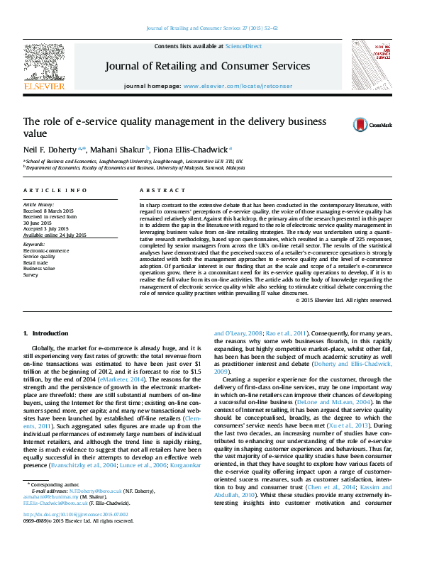 (PDF) The Role of E-Service Quality Management in the delivery Business ...