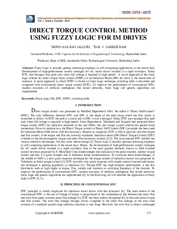 Pdf Direct Torque Control Method Using Fuzzy Logic For Im Drives