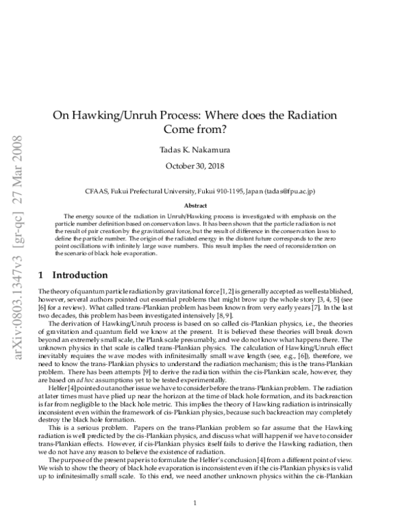 (PDF) On Hawking/Unruh Process: Where does the Radiation Come from?