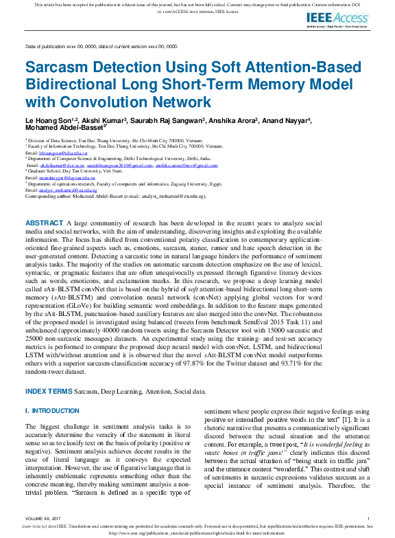 (PDF) Sarcasm Detection Using Soft Attention-Based Bidirectional Long ...