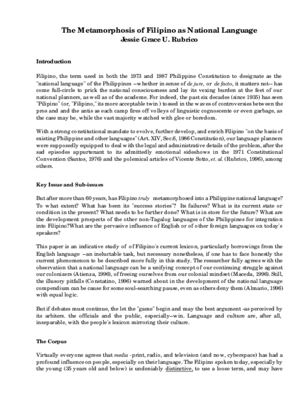 (PDF) The Metamorphosis of Filipino as National Language