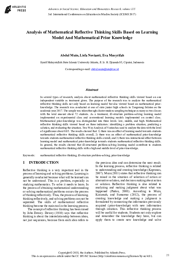 (PDF) Analysis of Mathematical Reflective Thinking Skills Based on ...