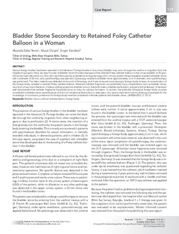 (PDF) Bladder Stone Secondary to Retained Foley Catheter Baloon in a ...