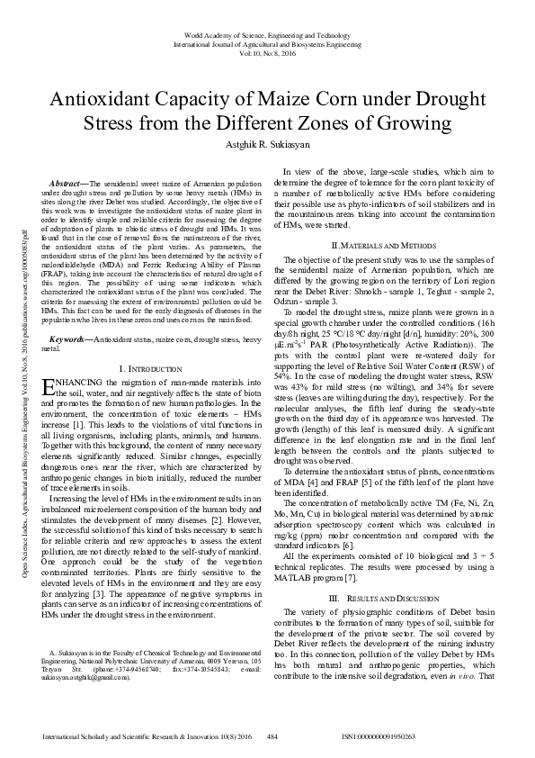 (PDF) Antioxidant Capacity of Maize Corn under Drought Stress from the ...
