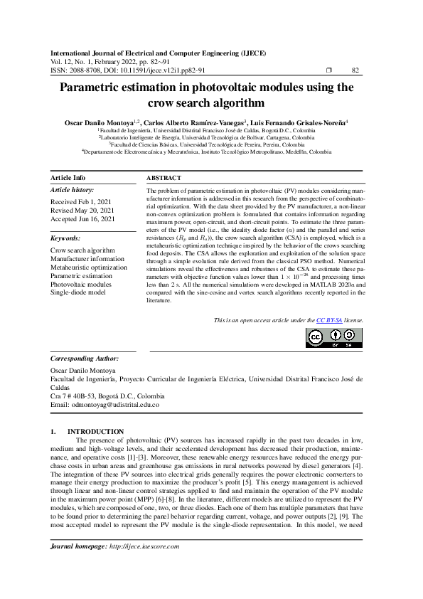 Pdf Parametric Estimation In Photovoltaic Modules Using The Crow Search Algorithm