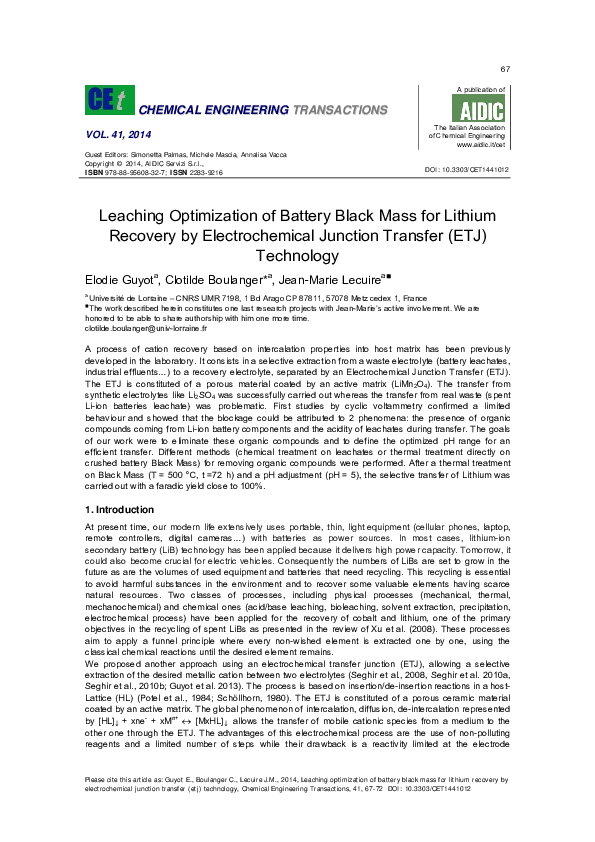 (PDF) Leaching Optimization of Battery Black Mass for Lithium Recovery ...